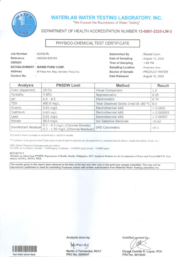 August 2024 Potability Test | PDF