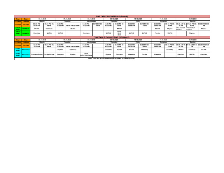 Time Table 06 Oct To 12 Oct 2025 Updated | PDF
