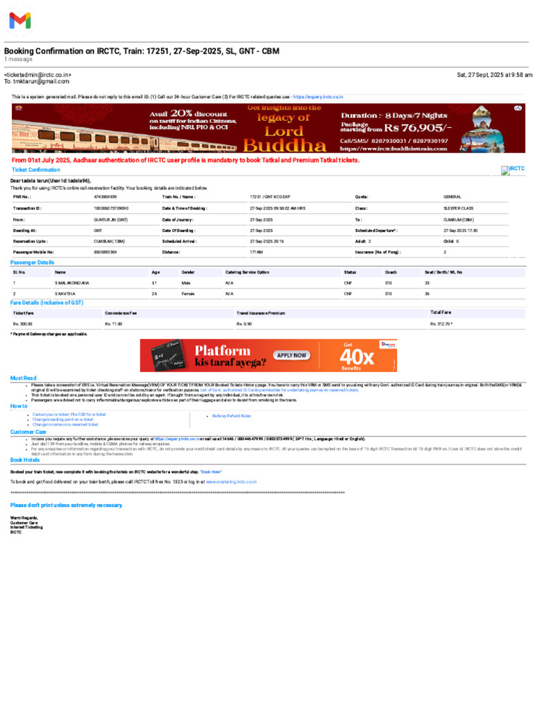 Booking Confirmation On IRCTC, Train - 17251, 27-Sep-2025, SL, GNT ...