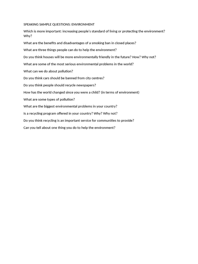 Environmental Speaking Sample Questions | PDF