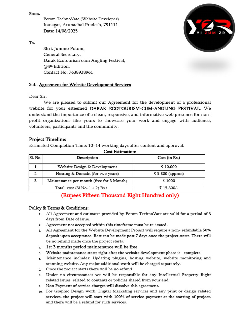 Website Development Agreement for Darak Festival | PDF