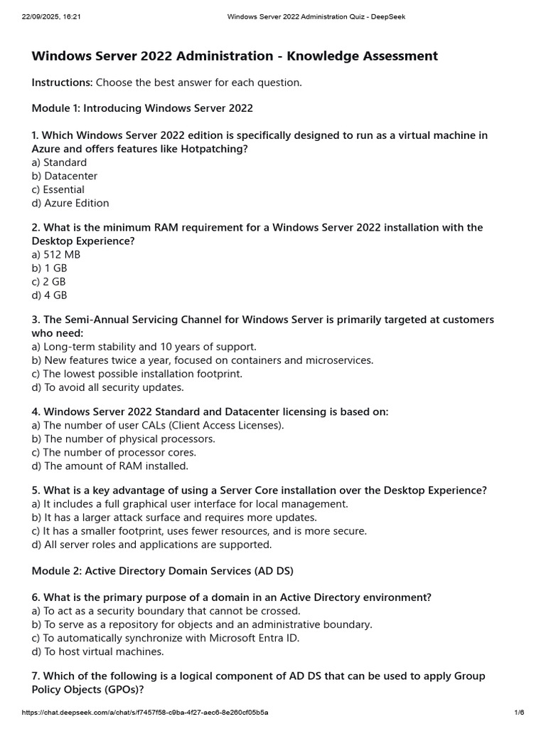 Windows Server 2022 Admin Quiz | PDF | Domain Name System | Group Policy