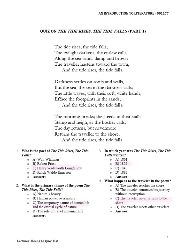 Quiz on "The Tide Rises, The Tide Falls" | PDF | Poetry