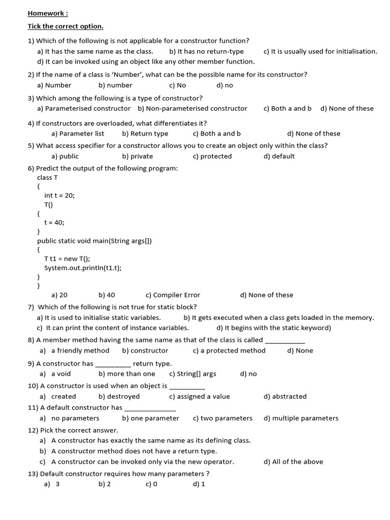 Constructor Functions and Java Programming Quiz | PDF | Constructor ...
