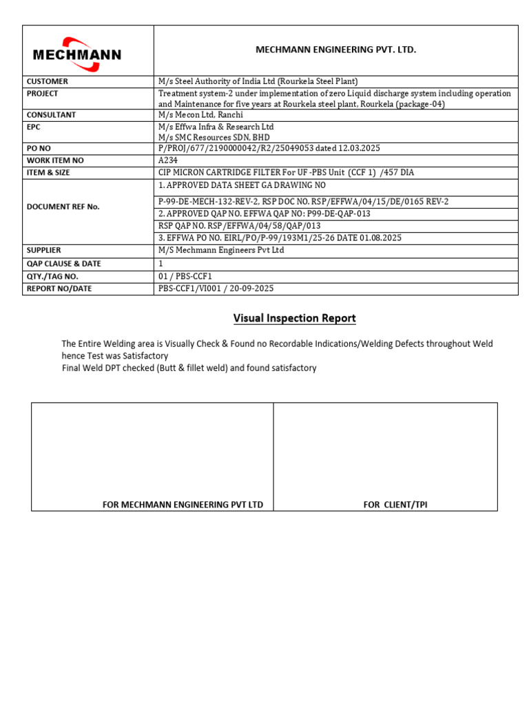 Mechmann Engineering Pvt. LTD.: Visual Inspection Report | PDF