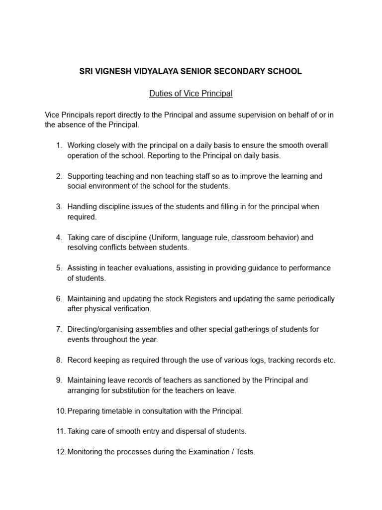 Duties of Vice Principal at SRI VIGNESH VIDYALAYA | PDF
