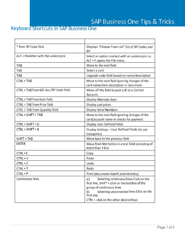 SAP B1 Terminology and Key Board Shortcut | PDF