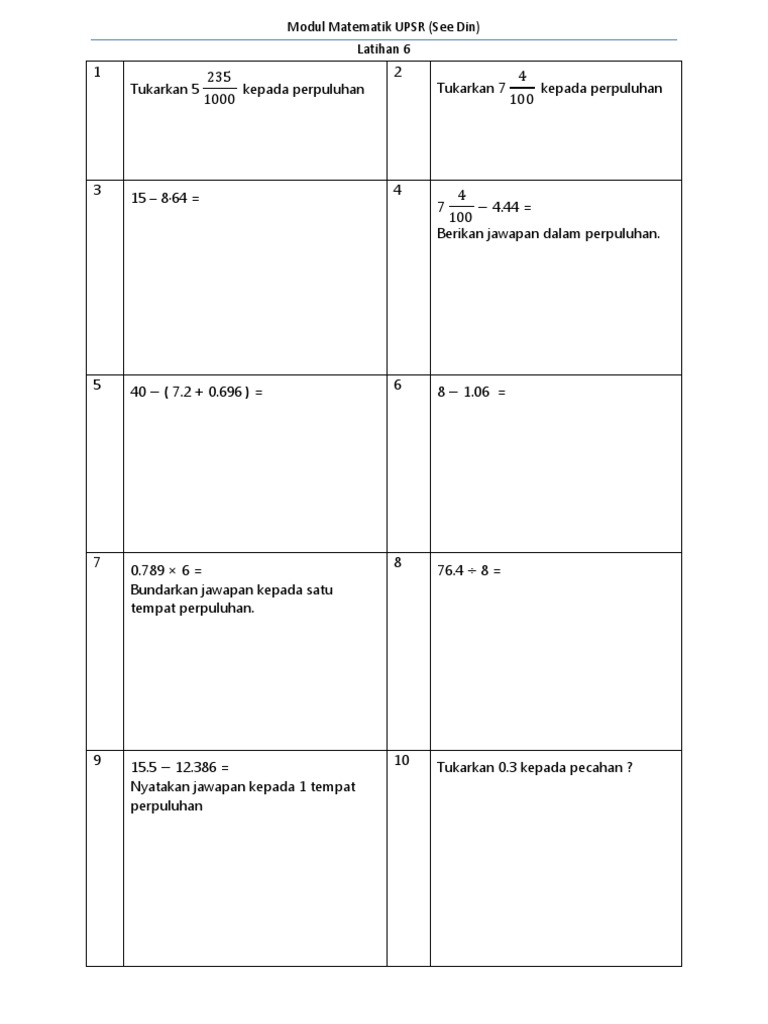 Latihan Matematik UPSR 6 | PDF