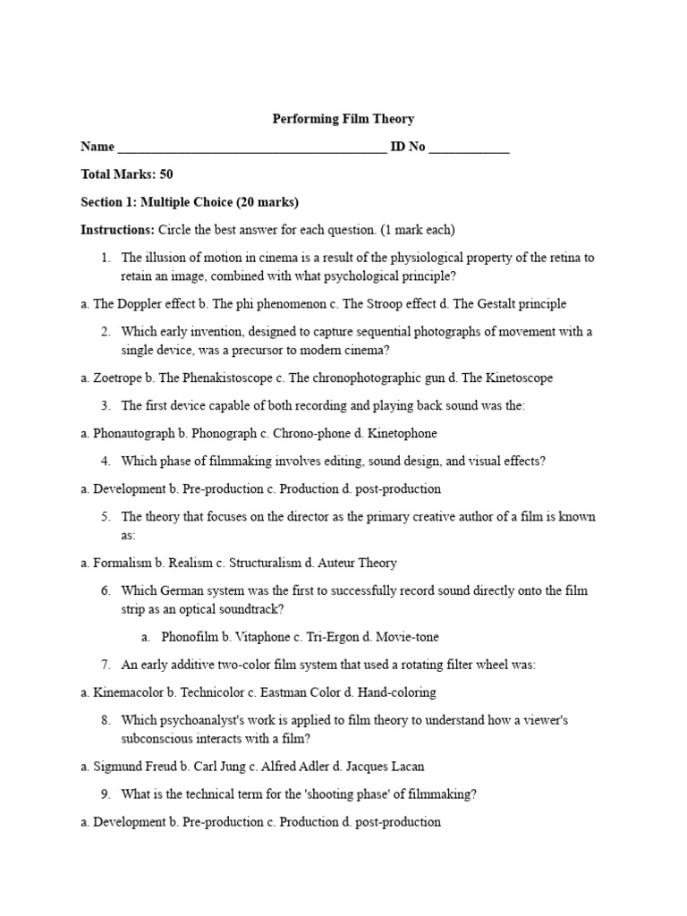 Film Theory Exam: Concepts & Questions | PDF | Film Theory | Image