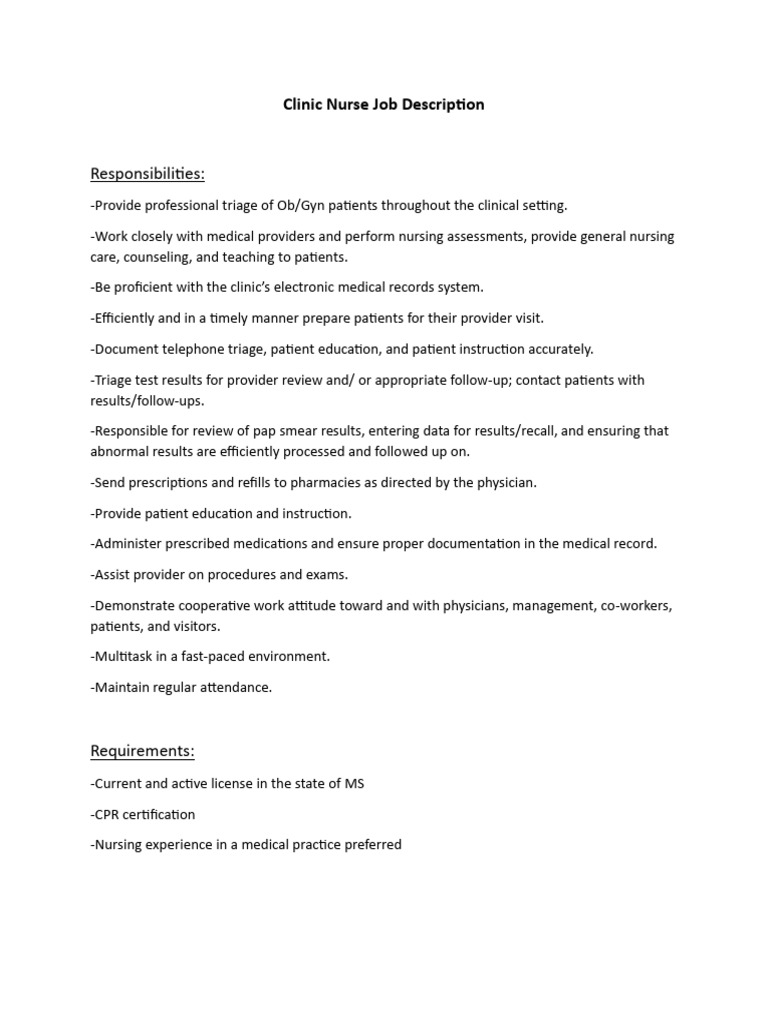 Clinic Nurse Job Responsibilities | PDF