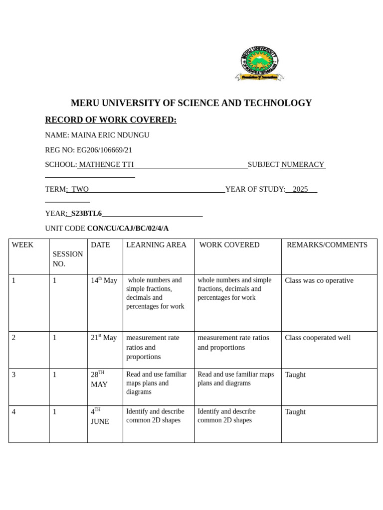 Meru University Numeracy Course Record | PDF