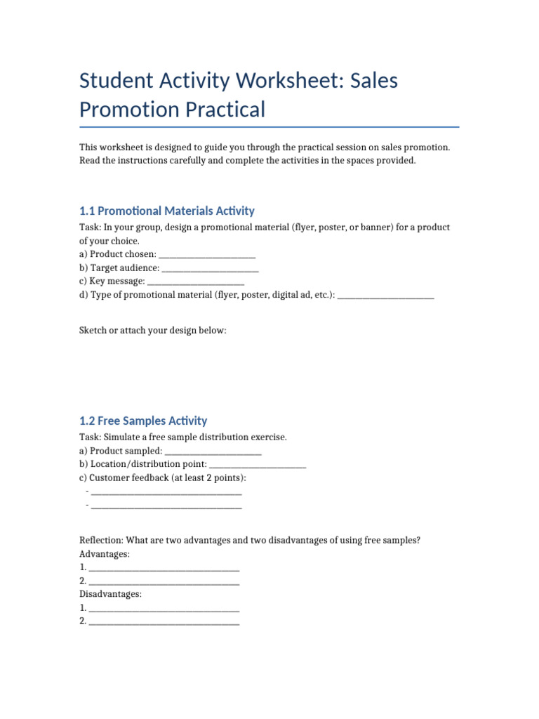 Student Activity Worksheet Sales Promotion | PDF