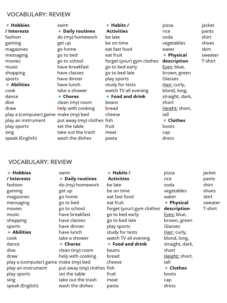 Vocabulary: Review: Hobbies / Interests Daily Routines Habits ...
