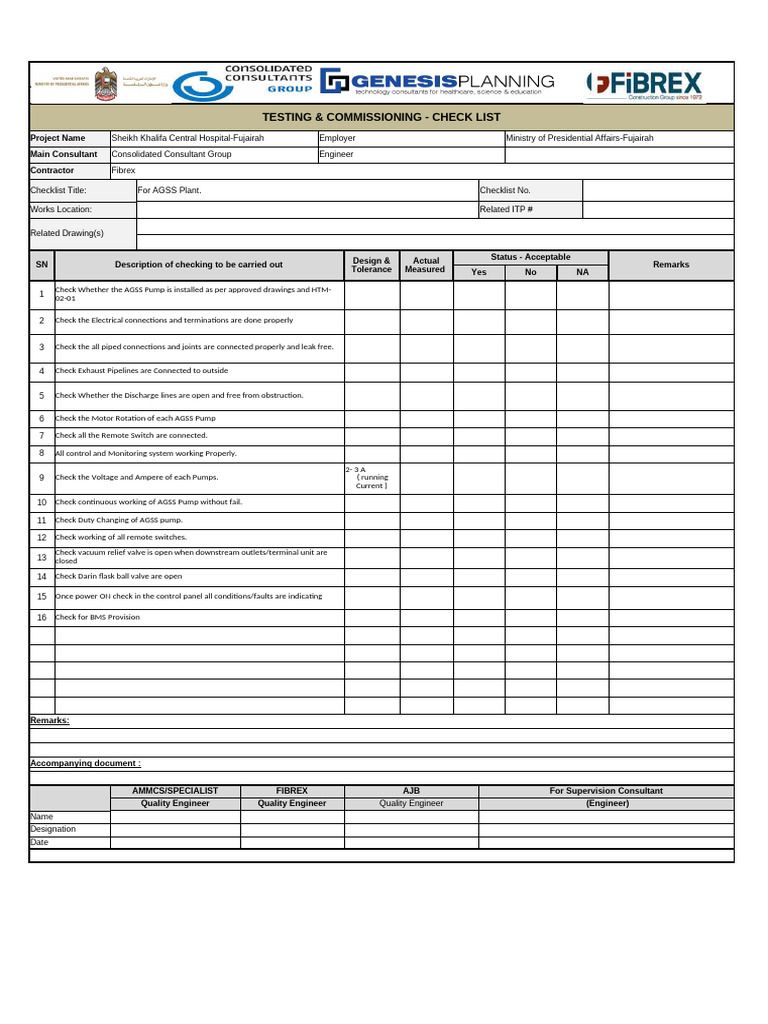 AGSS Plant Testing & Commissioning Checklist | PDF | Pump | Valve