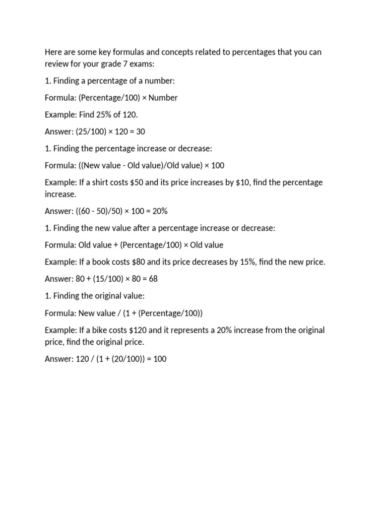 Here Are Some Key Formulas and Concepts Related To Percentages That You ...