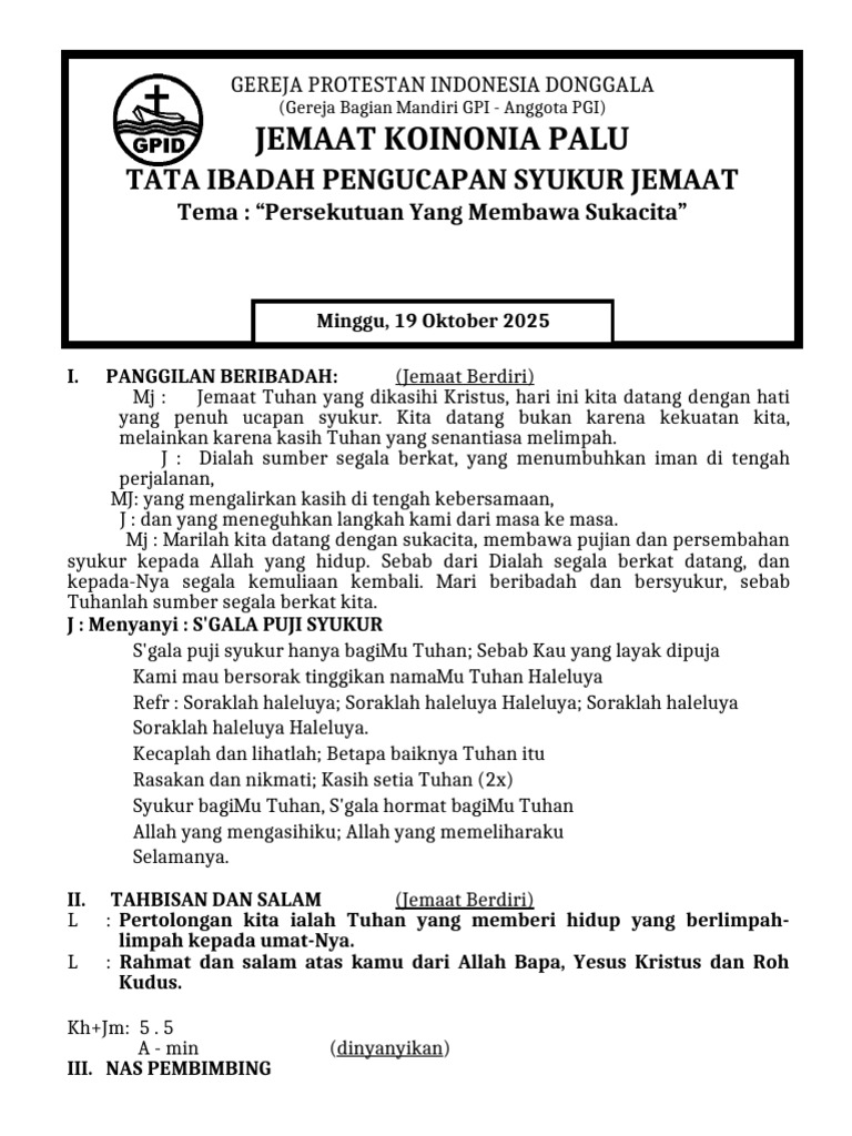 Tata Ibadah Syukur Jemaat Koinonia | PDF
