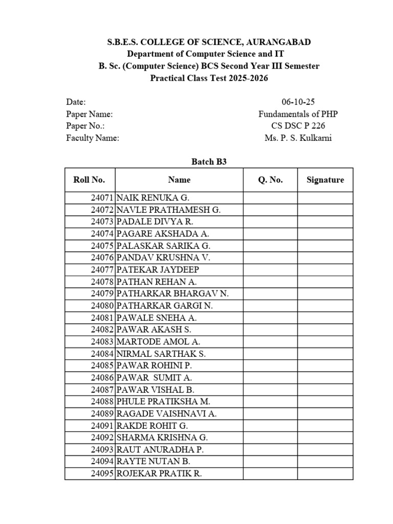 BCS II Year PHP Practical Test List | PDF