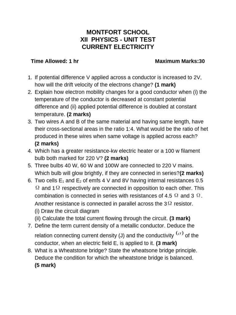 Current Electricity Unit Test for XII Physics | PDF