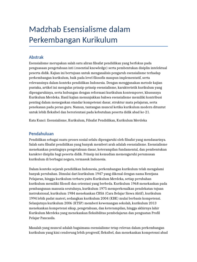 Esensialisme Kurikulum Panjang | PDF