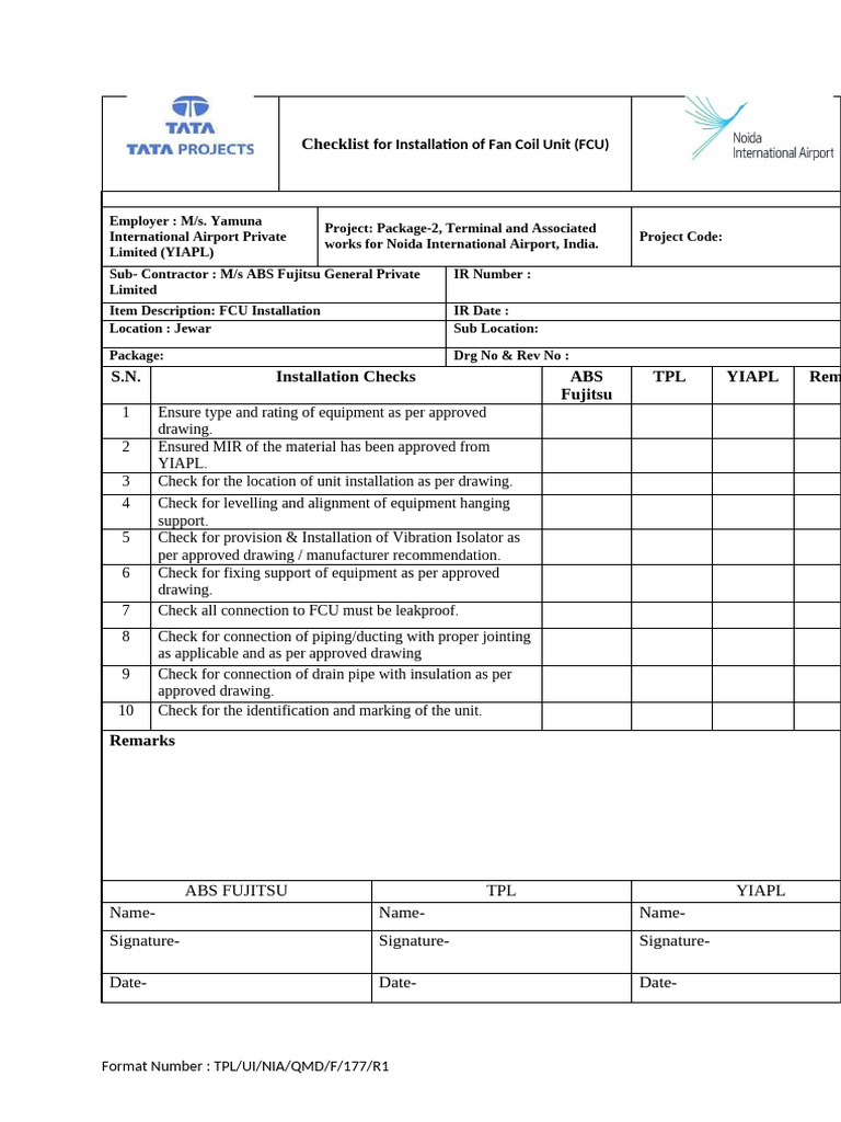 FCU Installation Checklist for YIAPL | PDF