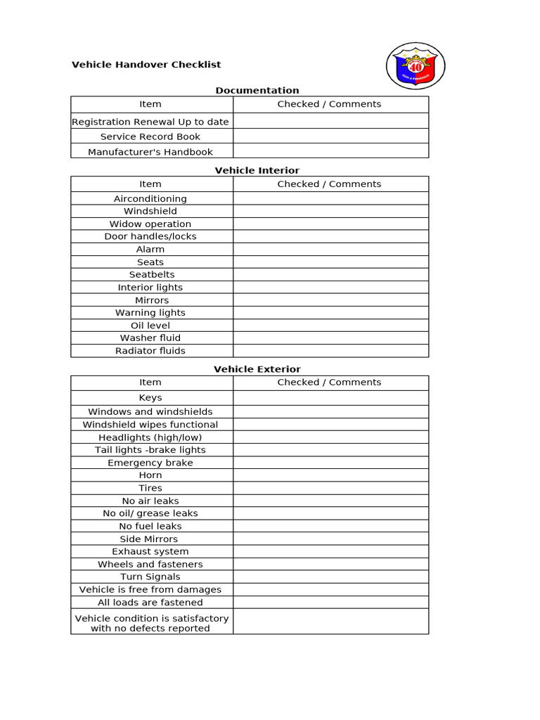 Vehicle Handover Checklist Overview | PDF