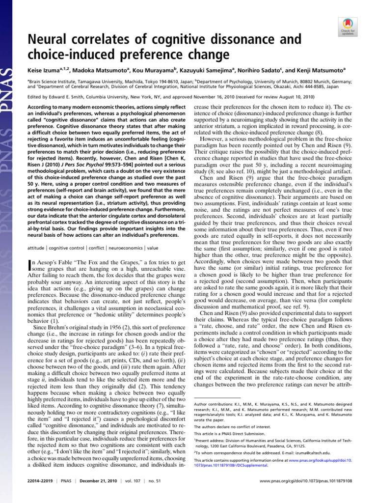 Neural Basis of Preference Change | PDF | Cognition | Mental Processes