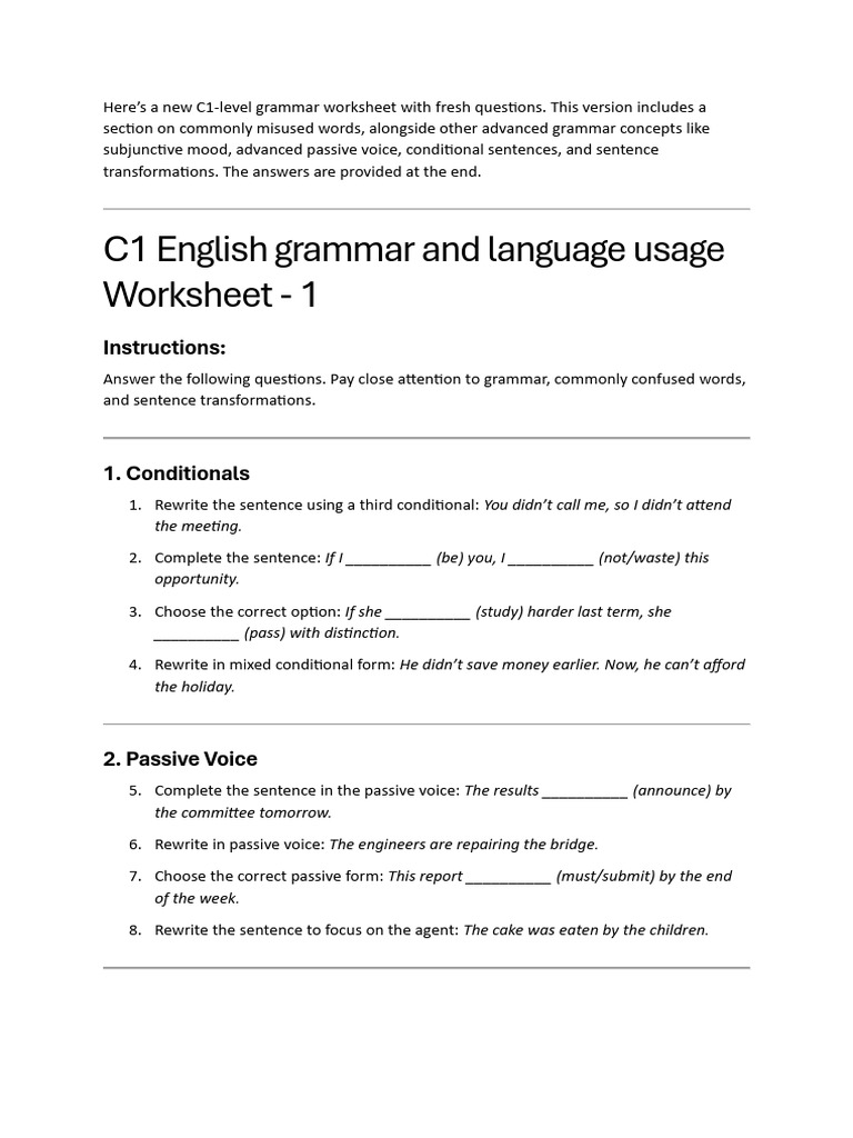 C1 Grammar Exercises with Answers | PDF | Language Mechanics | Grammar