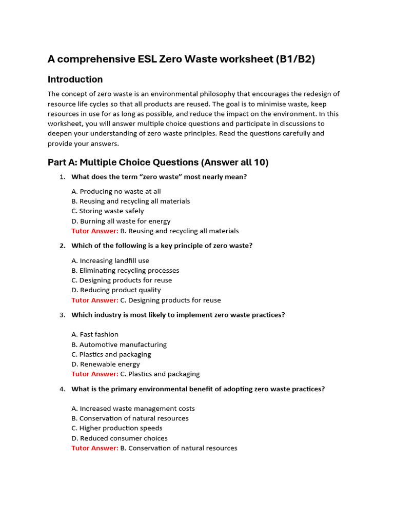 ESL Worksheet on Zero Waste Principles | PDF | Waste | Recycling