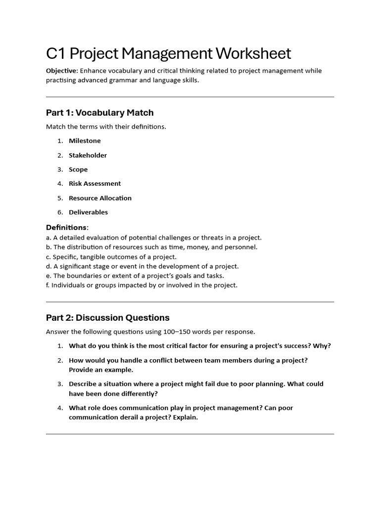 C1 Project Management Worksheet | PDF | Project Management | Communication
