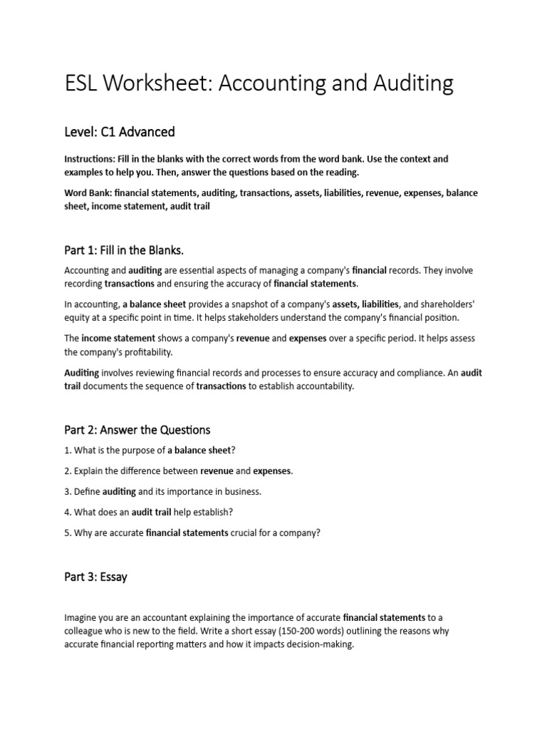 ESL Worksheet: Accounting Basics | PDF | Audit | Expense