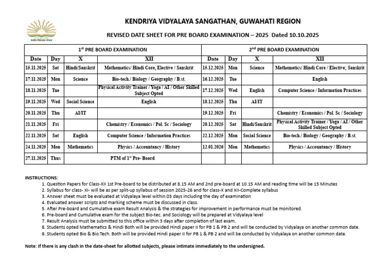 Pre Board Date Sheet 2025 - Revised 10.10.2025 | PDF