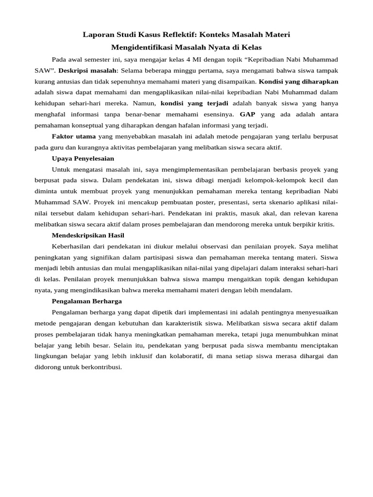 Laporan Studi Kasus Reflektif Konteks Masalah Materi | PDF