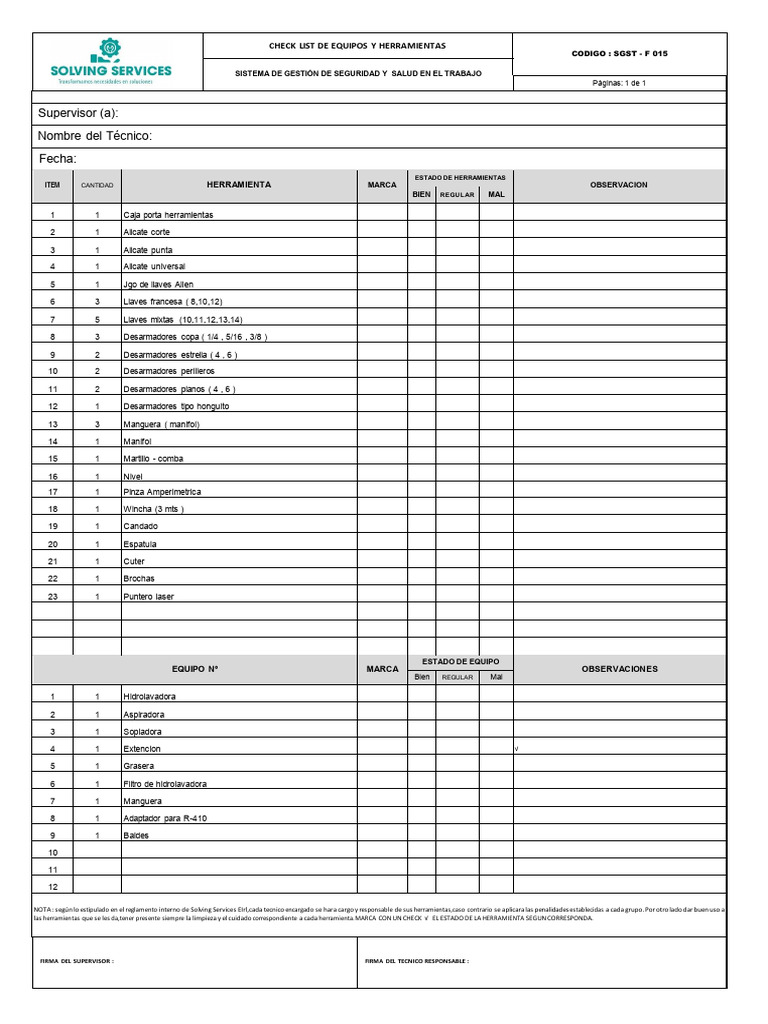 Check List de Herramientas - Ica - 15.09 | PDF