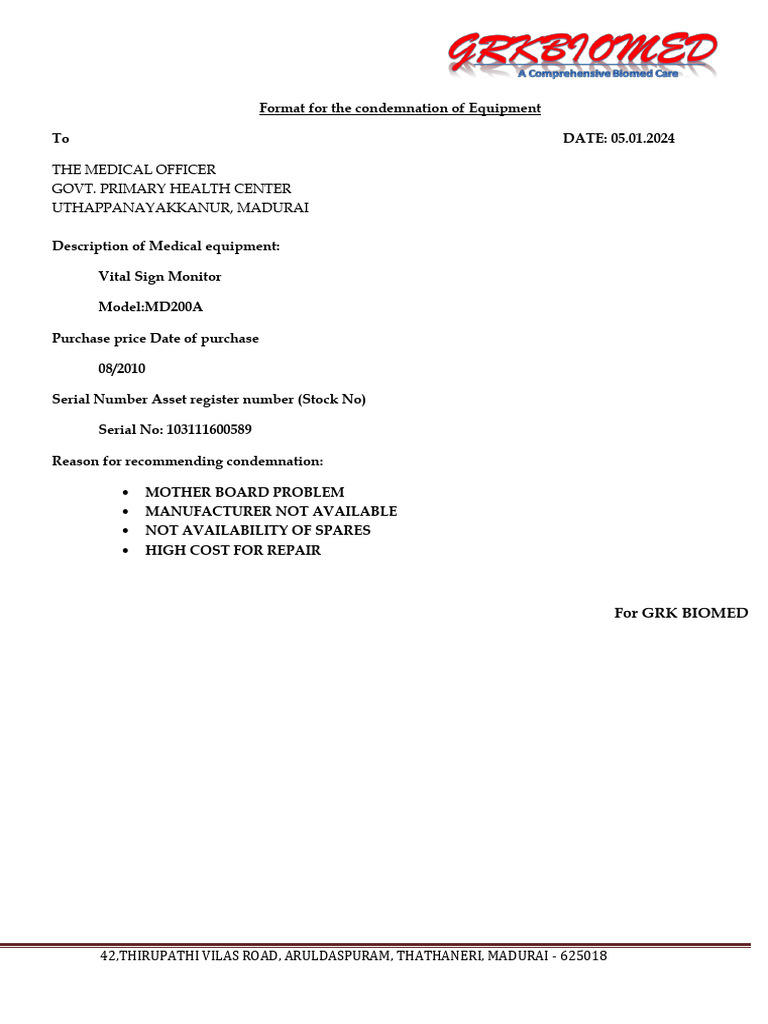 Equipment Condemnation Letter Sample | PDF