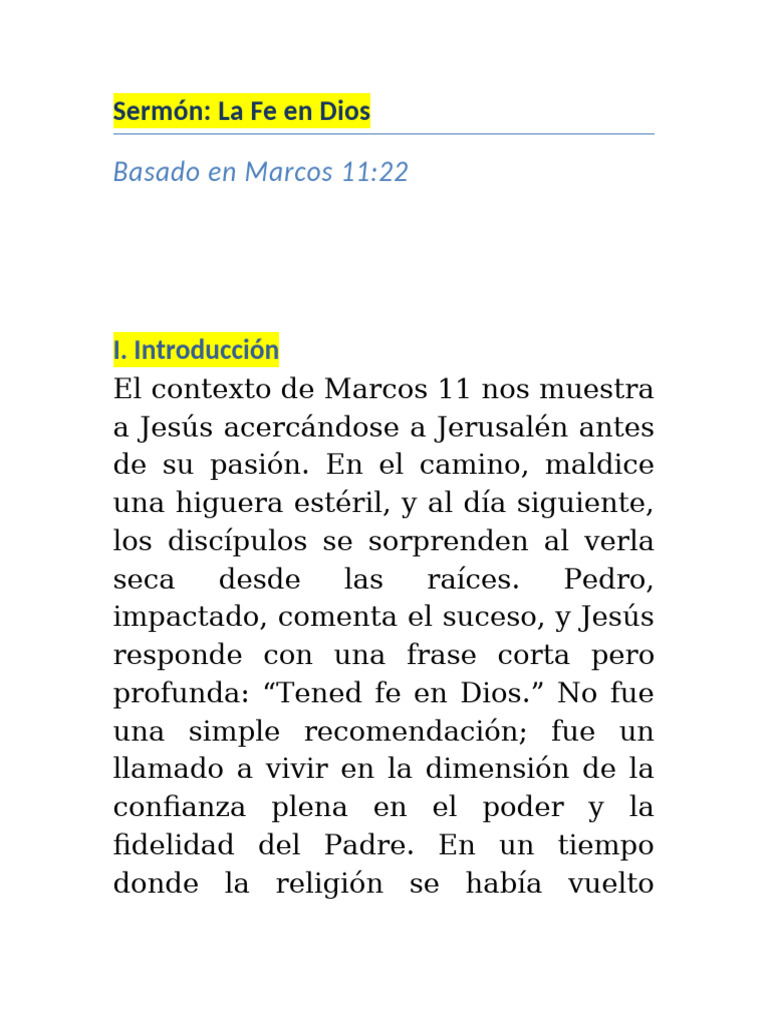 Sermon La Fe en Dios Marcos 11 22 | PDF | Oración | Jesús