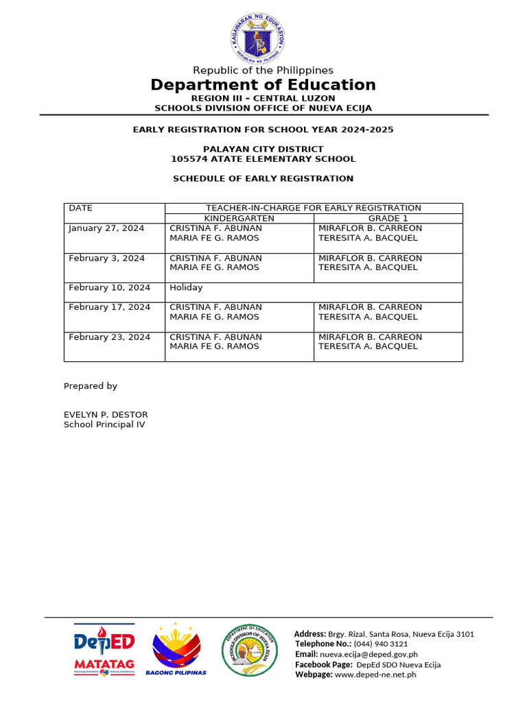 Early Registration Schedule 2024-2025 | PDF