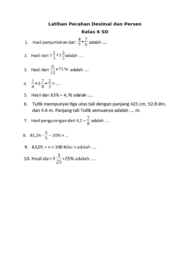 Latihan Desimal Pecahan Persen Kelas 6 SD | PDF
