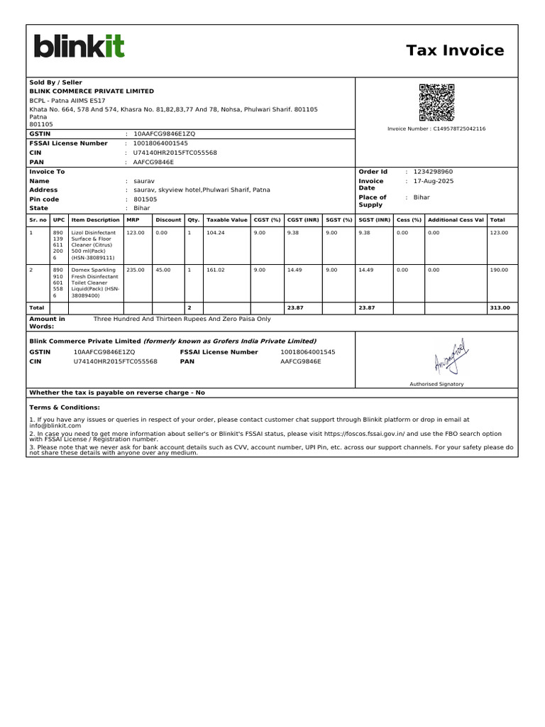 Tax Invoice from Blink Commerce Pvt Ltd | PDF | Government Finances | Taxes