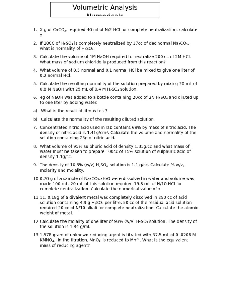 Volumetric Analysis Calculations Guide | PDF