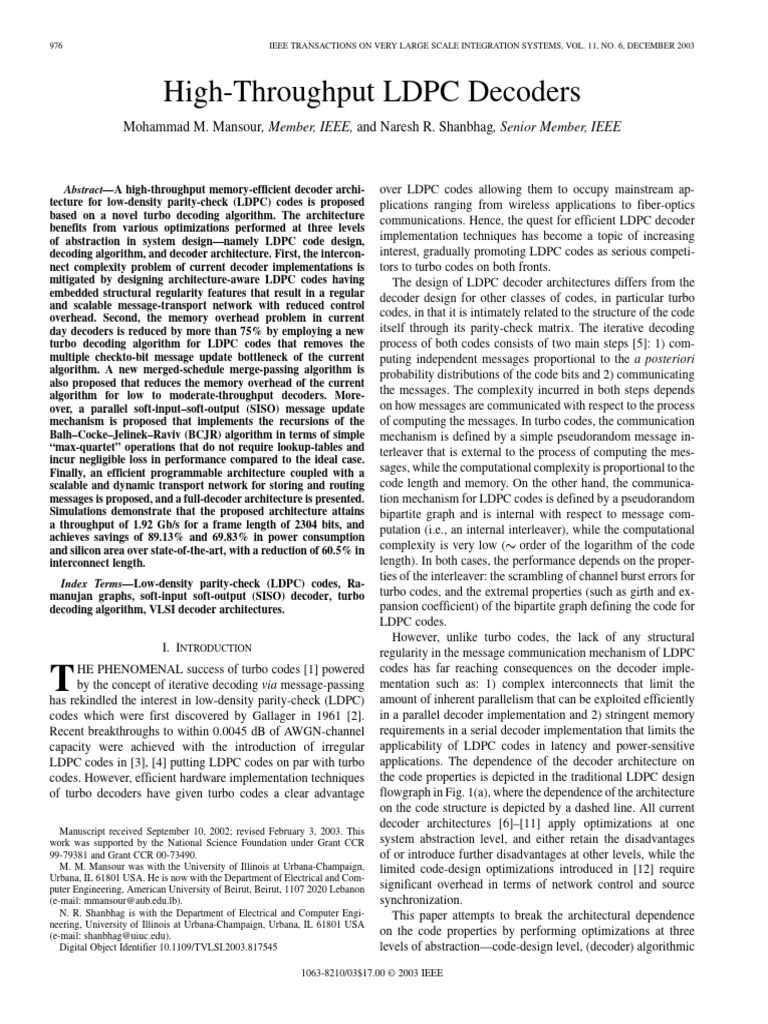 High Throughput LDPC Decoders | PDF | Low Density Parity Check Code ...