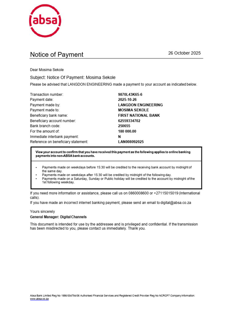 Notice of Payment to Mosima Sekole | PDF