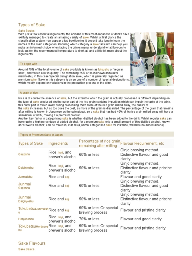 Types of Sake Explained | PDF | Brewing | Taste