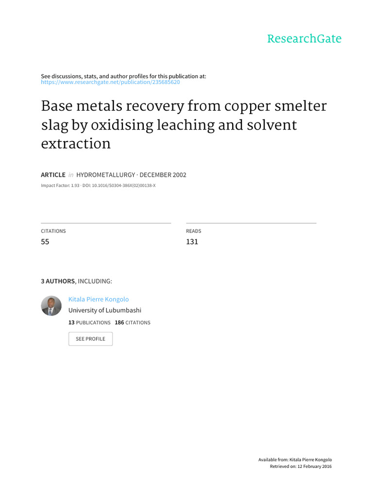 Base Metals Recovery by Oxidising Leaching and Solvent Extraction ...