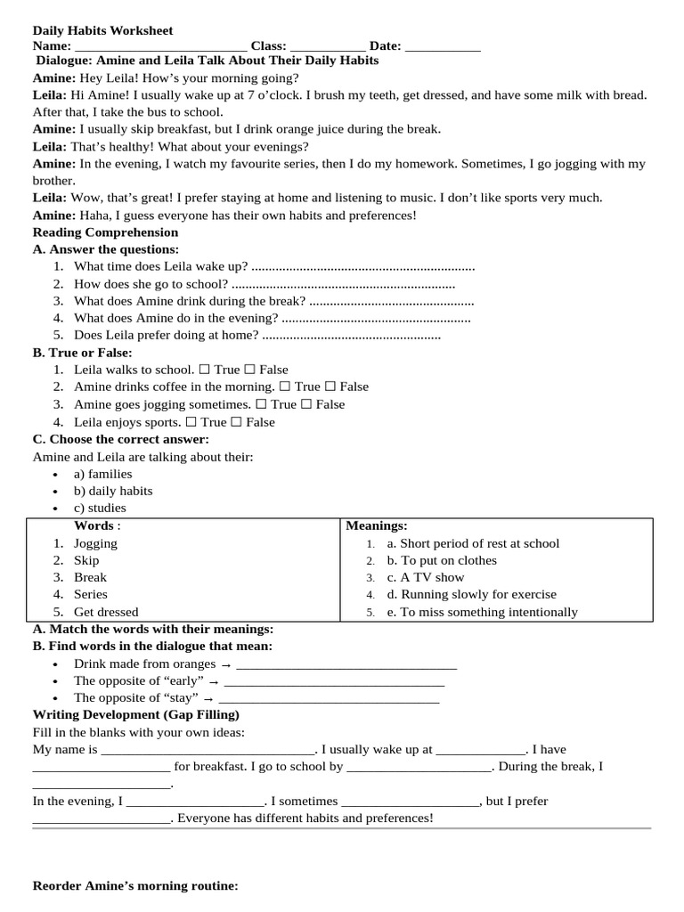 Daily Habits Worksheet for Students | PDF | Lunch