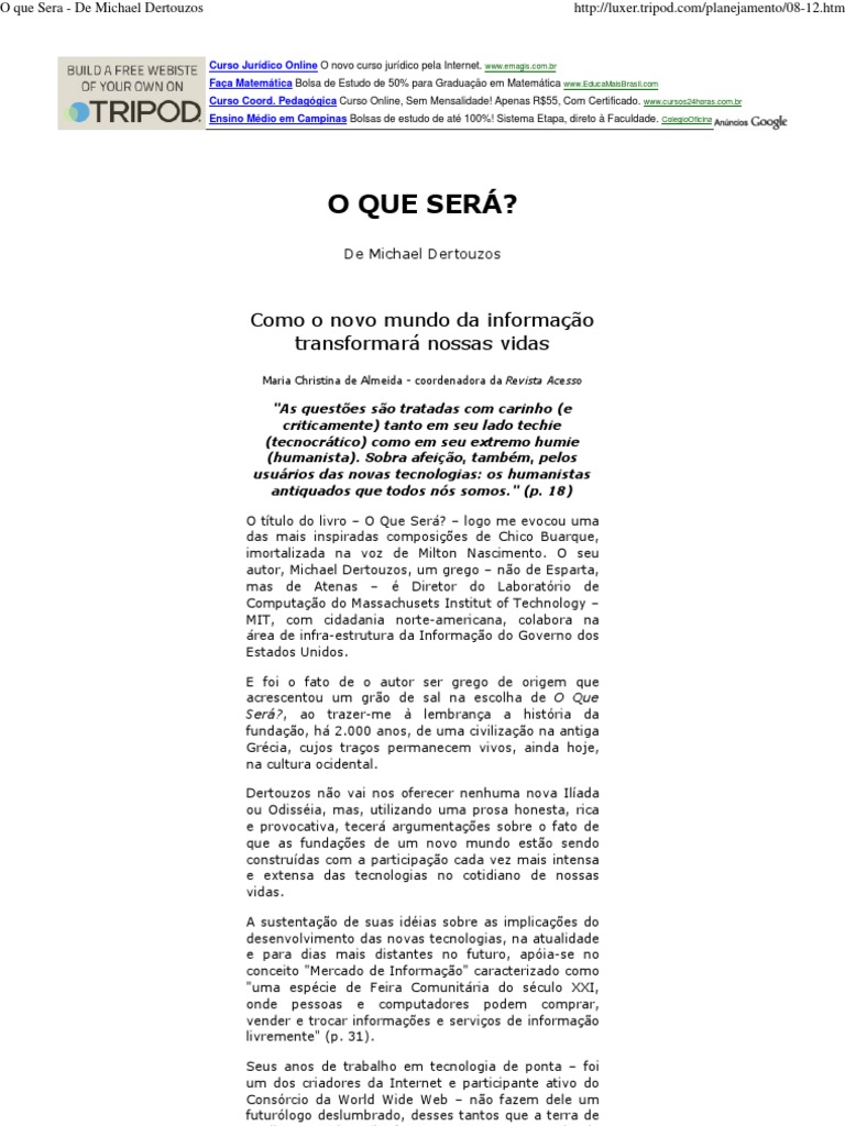 O Que Sera - de Michael Dertouzos | PDF | Internet | Aprendizado