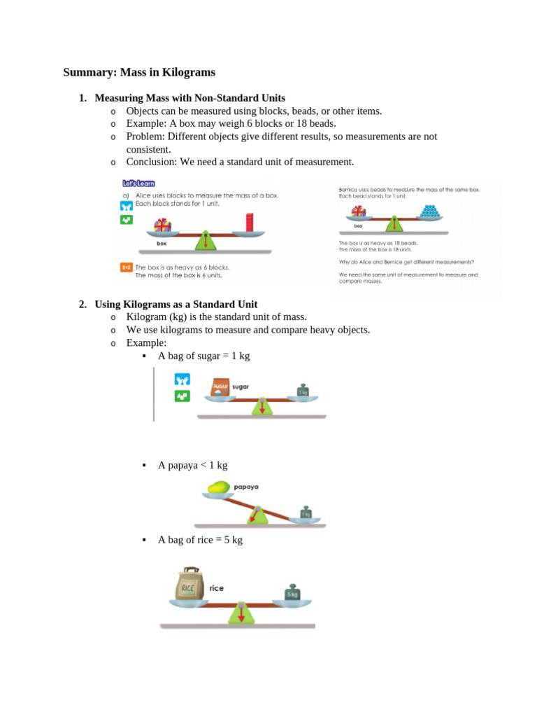 Summary: Mass in Kilograms: 1. Measuring Mass With Non-Standard Units | PDF