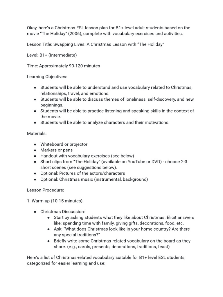 "The Holiday" (2006) Christmas ESL Lesson Plan | PDF | Christmas ...
