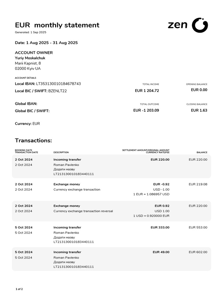Account Statement 1 | PDF | Euro | International Finance