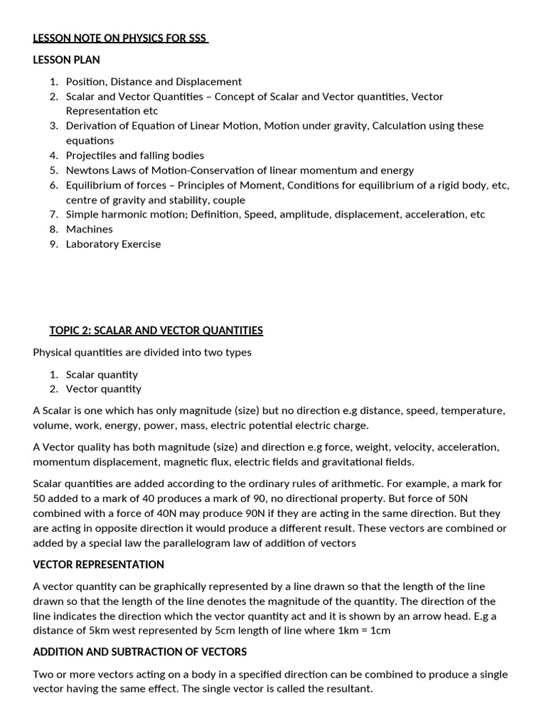Lesson Note On Physics For Sss | PDF | Euclidean Vector | Force