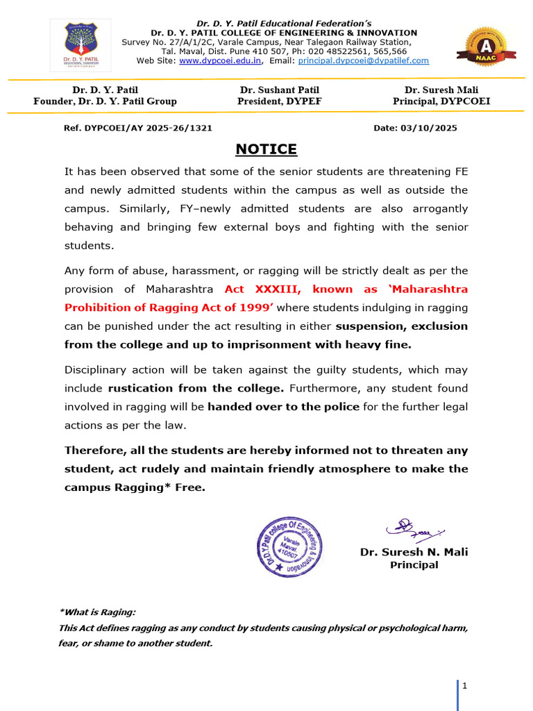 Anti Ragging Notice | PDF